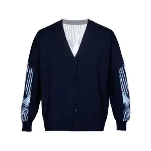 ESSIEN & EMRE Blue / White Clarus Merino Wool Pattern Panel Cardigan Navy - Blue/white