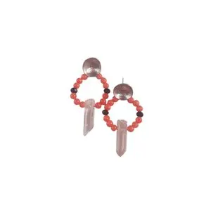 WAY TO CHIC Silver / Orange Quartz And Coral Earrings On Silver Plated Studs - Silver/orange