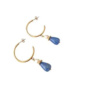 WAY TO CHIC Semi Hoop Earrings With Agate And White Pearls - Blue