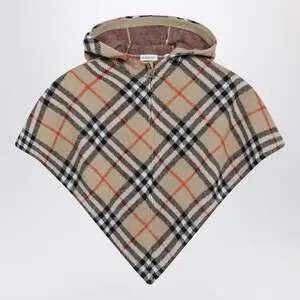 Burberry Sand-coloured Wool Cape With A Checked Pattern