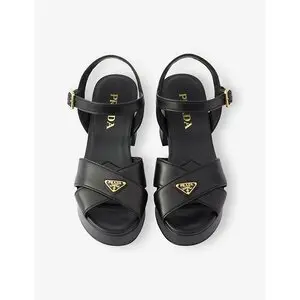 Prada Logo Plaque Platform Leather Heeled Sandals
