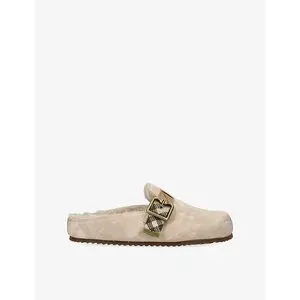 Burberry Checked Suede Clog Mules With Buckle Detail - Beige