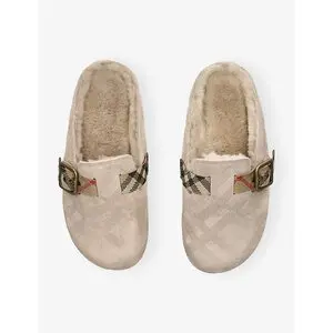 Burberry Checked Suede Clog Mules With Buckle Detail - Beige