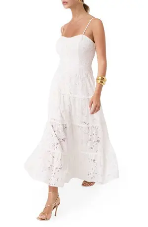 Guess Evelyn Beaded Lace Tiered Midi Dress - White