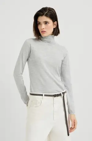 Brunello Cucinelli Sparkling Cashmere And Silk Lightweight Turtleneck Sweater - Pebble