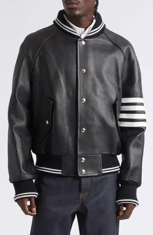 Thom Browne Leather 4-bar Varsity Jacket