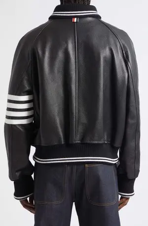 Thom Browne Leather 4-bar Varsity Jacket