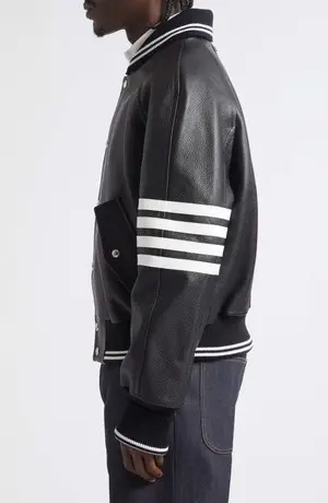 Thom Browne Leather 4-bar Varsity Jacket