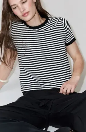 Mango Striped Short Sleeved Sweater - Black