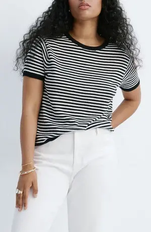 Mango Striped Short Sleeved Sweater - Black