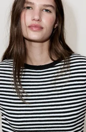 Mango Striped Short Sleeved Sweater - Black