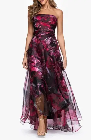 Betsy & Adam Floral Print Strapless Gown