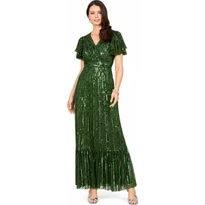 LARA NEW YORK LARA New York Sequined Gown With V-Neckline And Flutter Sleeves Emerald