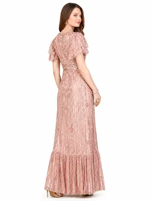 LARA NEW YORK Sequined Gown With V-neckline And Flutter Sleeves - Rose