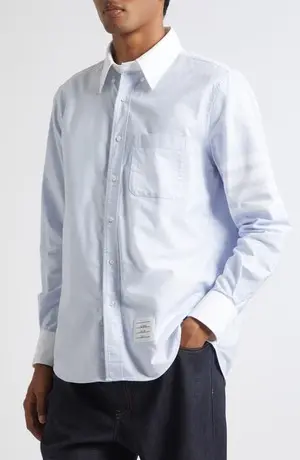 Thom Browne Straight Fit Cotton Button-down Shirt - Light Blue