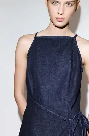 Mango Tie Detail Strappy Cotton Denim Dress