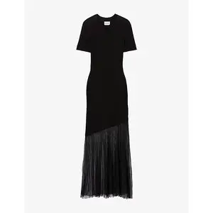Claudie Pierlot Short-sleeved Ribbed Maxi Dress With Sheer Pleated Hem