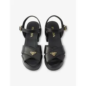 Prada Logo Plaque Platform Leather Heeled Sandals - Neutral