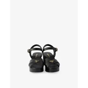 Prada Logo Plaque Platform Leather Heeled Sandals - Neutral