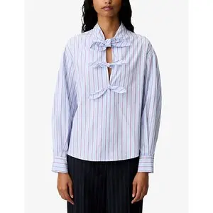 Claudie Pierlot Striped Tie-front Cotton-poplin Blouse