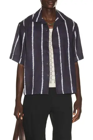 Commas Shibori Stripe Cuffed Camp Collar Shirt In Blue - Navy