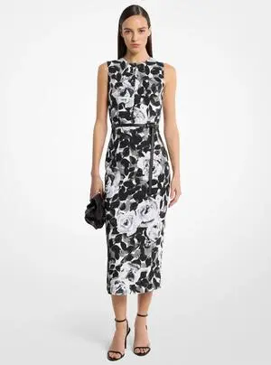 Michael Kors Rose Print Stretch Cady Belted Sheath Dress