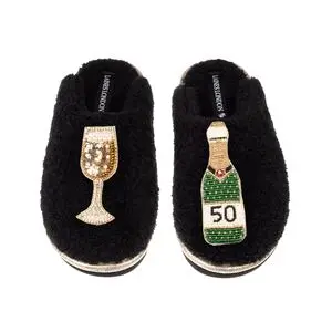 LAINES LONDON Laines London Embellished Teddy Towelling Closed Toe Slippers Black/gold
