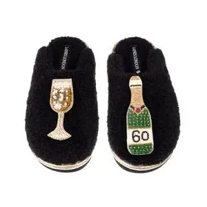 LAINES LONDON Laines London Teddy Slippers With Champagne Bottle And Glass Brooches Black/gold