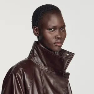 Sandro Oversized Leather Jacket With Stand Collar