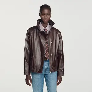 Sandro Oversized Leather Jacket With Stand Collar