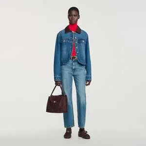 Sandro Denim Jacket With Contrasting Leather Collar - Blue Jean