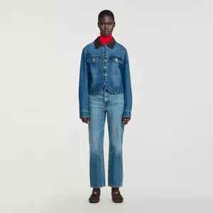 Sandro Denim Jacket With Contrasting Leather Collar