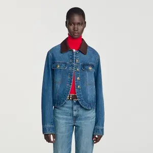 Sandro Denim Jacket With Contrasting Leather Collar