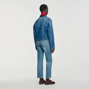 Sandro Denim Jacket With Contrasting Leather Collar