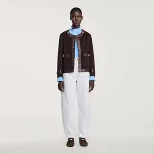 Sandro Short Coat With Lambskin And Metal Buckle Details