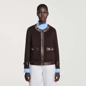 Sandro Short Coat With Lambskin And Metal Buckle Details