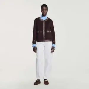 Sandro Short Coat With Lambskin And Metal Buckle Details