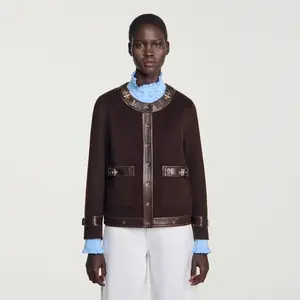 Sandro Short Coat With Lambskin And Metal Buckle Details