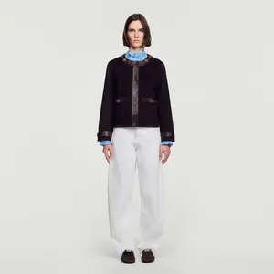 Sandro Short Coat With Lambskin And Metal Buckle Details