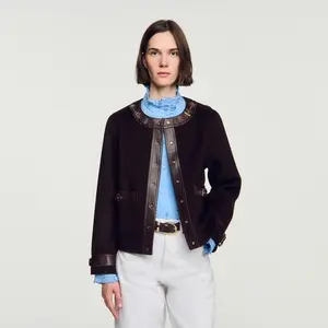 Sandro Short Coat With Lambskin And Metal Buckle Details