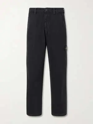Stone Island Logo-appliquéd Straight-leg Cotton-canvas Trousers - Black
