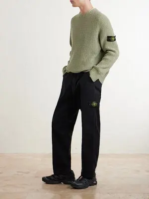 Stone Island Logo-appliquéd Straight-leg Cotton-canvas Trousers - Black