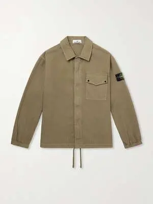 Stone Island Logo-appliquéd Garment-dyed Herringbone Cotton Shirt