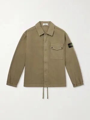 Stone Island Logo-appliquéd Garment-dyed Herringbone Cotton Shirt - Green