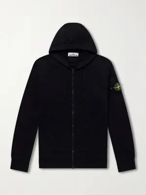 Stone Island Logo-appliquéd Cotton-jersey Zip-up Hoodie - Black