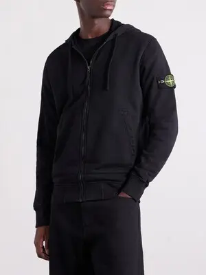 Stone Island Logo-appliquéd Cotton-jersey Zip-up Hoodie - Black