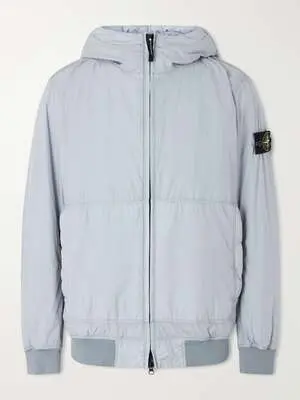 Stone Island Logo-appliquéd Padded Garment-dyed Crinkled-shell Hooded Jacket - Light Blue
