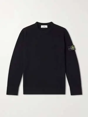 Stone Island Logo-appliquéd Ribbed Virgin Wool Sweater - Black