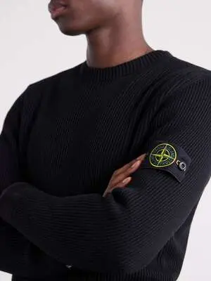 Stone Island Logo-appliquéd Ribbed Virgin Wool Sweater