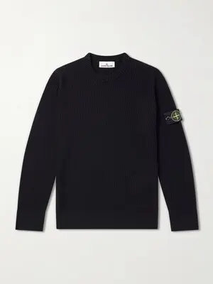 Stone Island Logo-appliquéd Ribbed Virgin Wool Sweater - Black